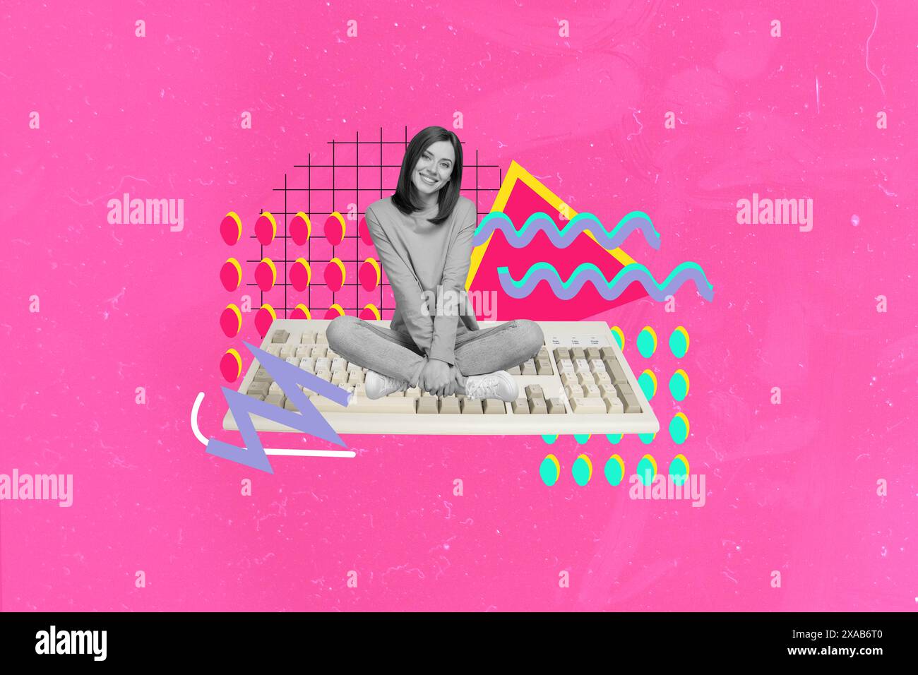 Collage composite artwork sketch image of vibrant pink color retro ...