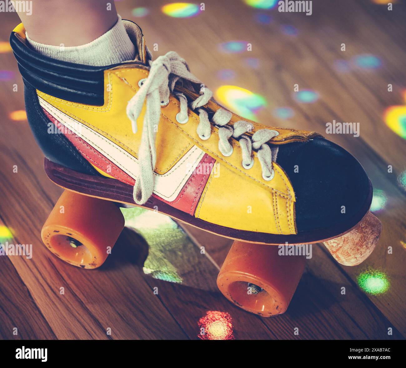 A Retro Vintage Quad Roller Skate At A Roller Disco With Reflected ...
