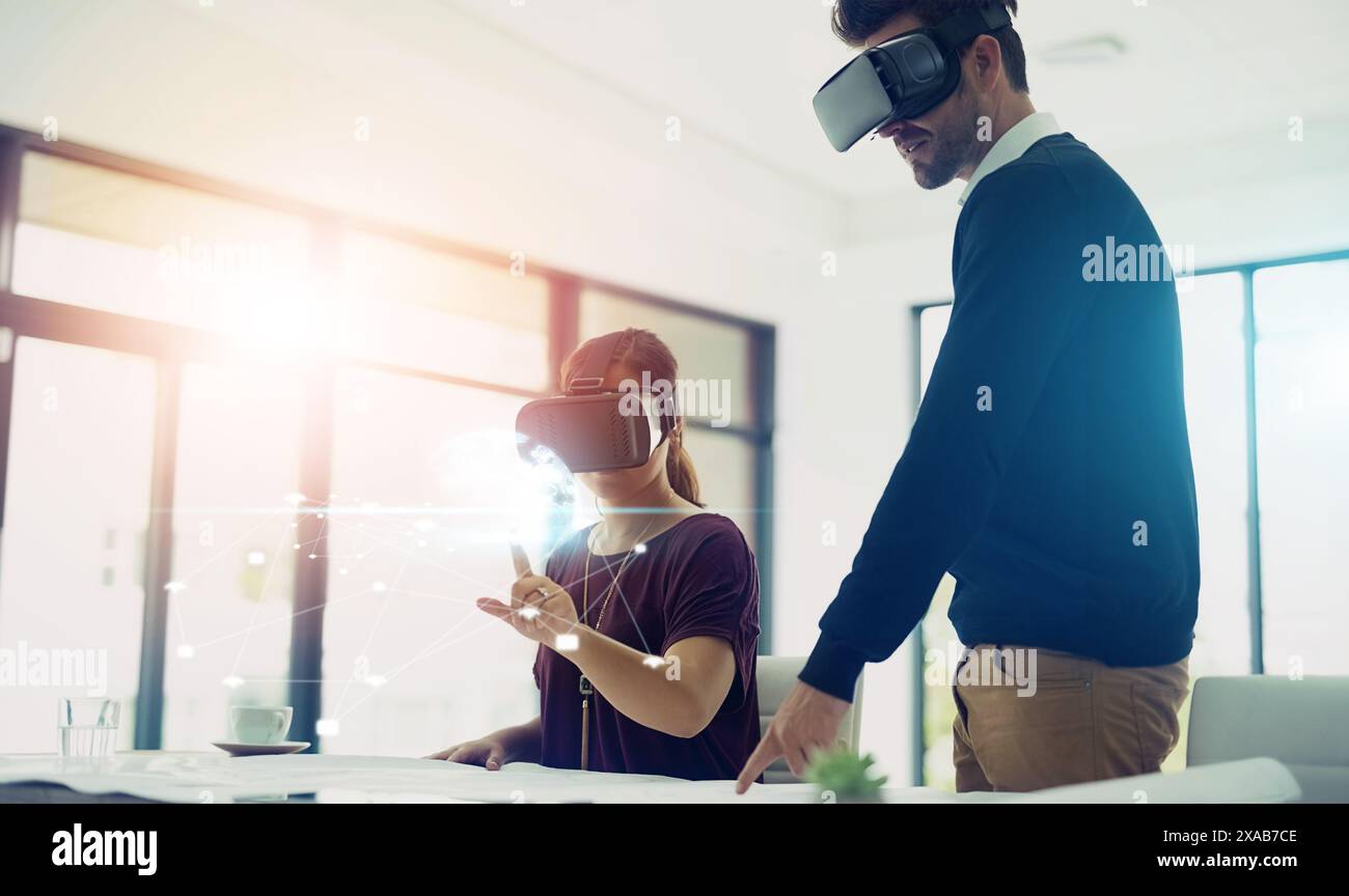 Man, woman and vr in office with holographic overlay, lines or teamwork ...