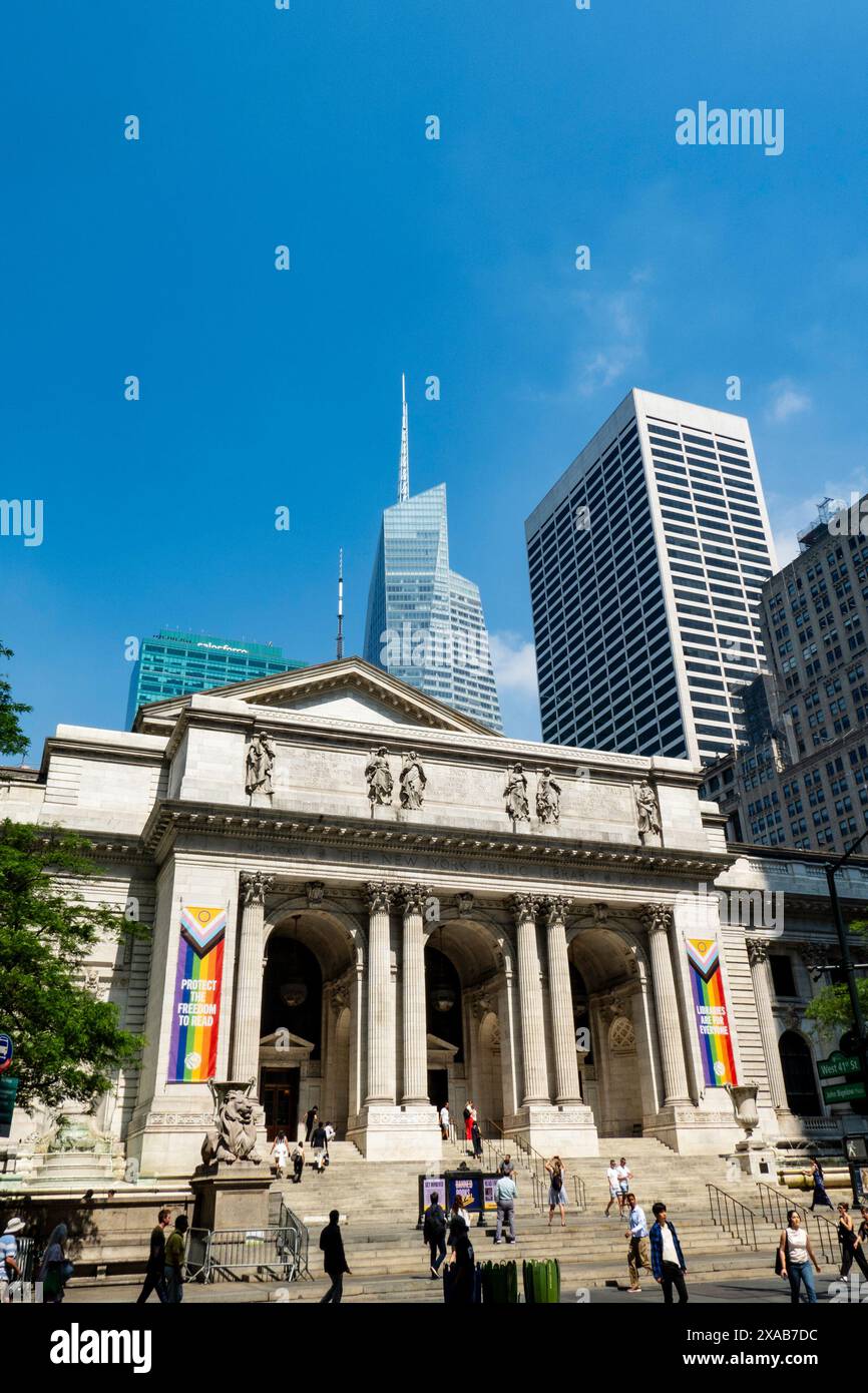 The New York Public Library has a Pride banner on the front facade, New ...