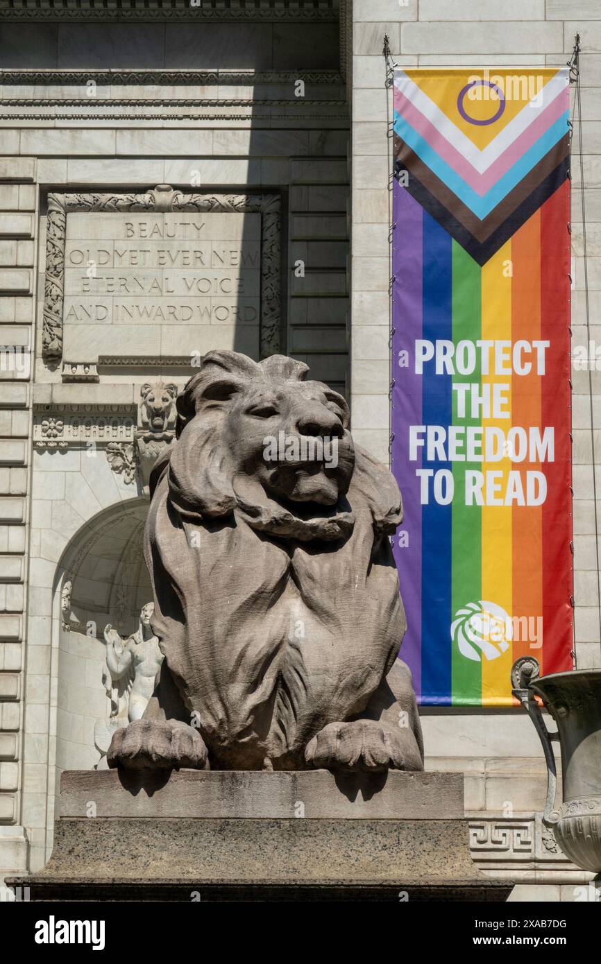 Lion in front of the New York Public Library with a Pride banner in the ...