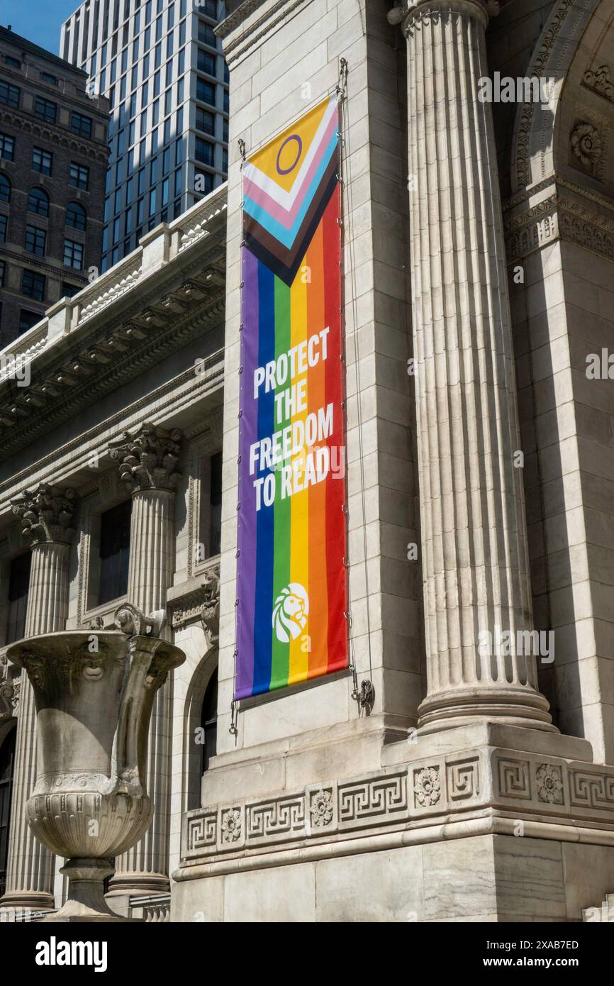 The New York Public Library has a Pride banner on the front facade, New ...