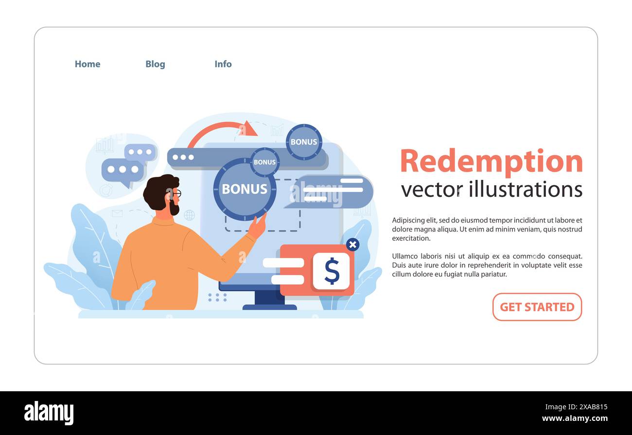 Redemption concept. Man redeems online bonuses for rewards. Engaging ...