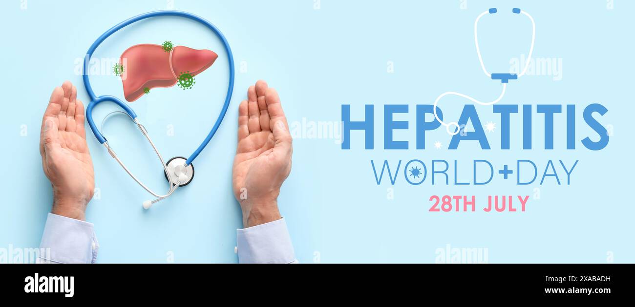 Doctor's hands, stethoscope and drawn liver on light blue background ...