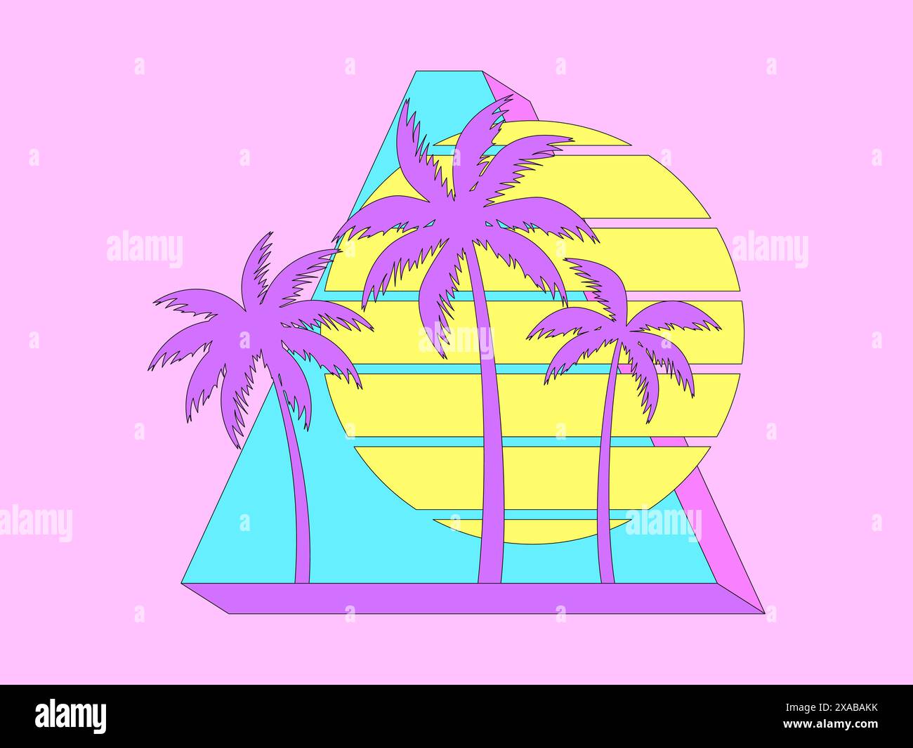 3d triangle with palm trees at sunset in 80s style. Retro futuristic ...