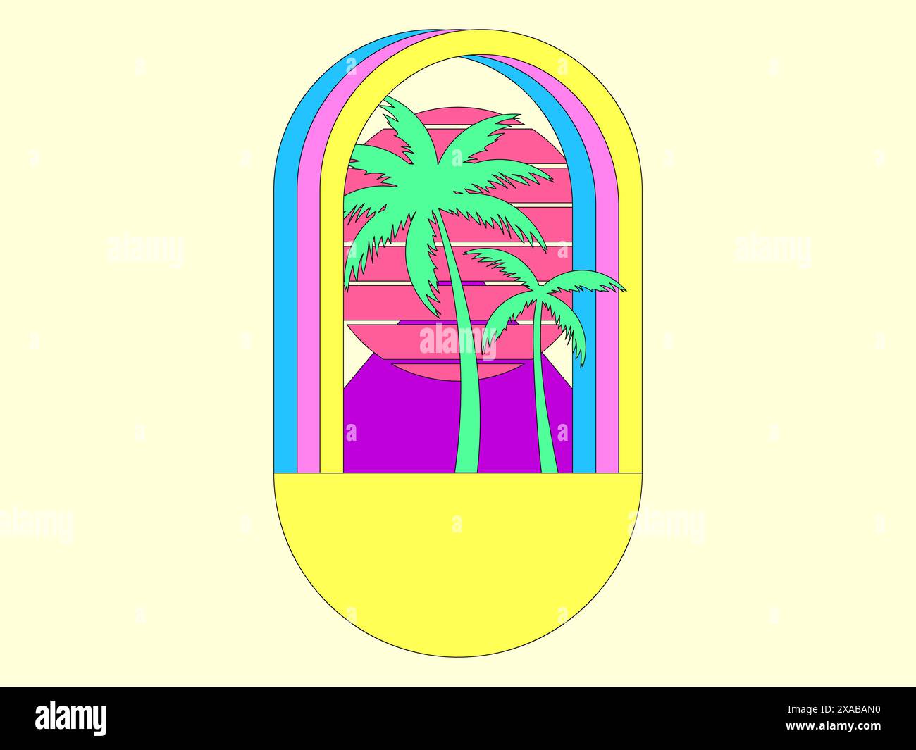 Arch overlooking palm trees and sun in retro style. A surreal ...