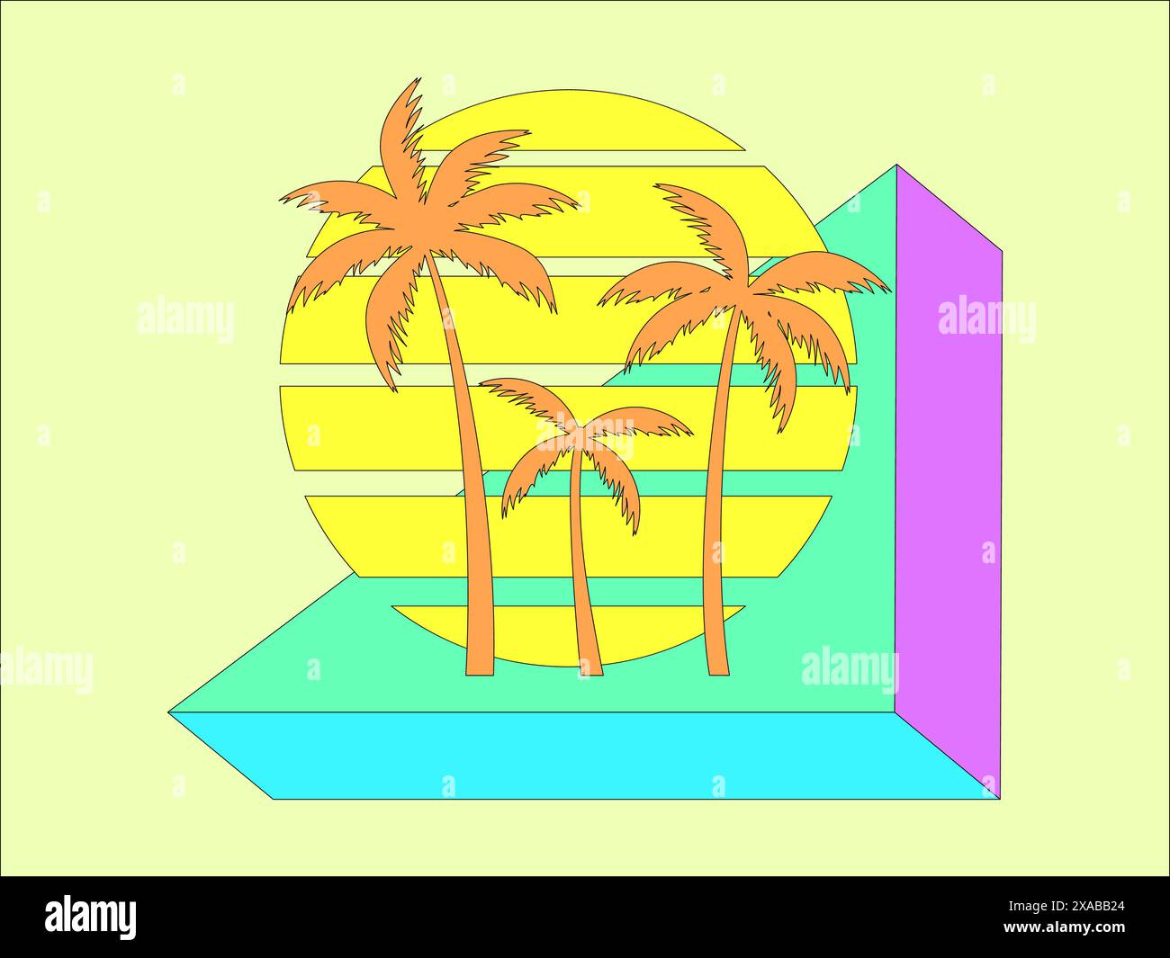 3d triangle with palm trees at sunset in 80s style. Retro futuristic ...
