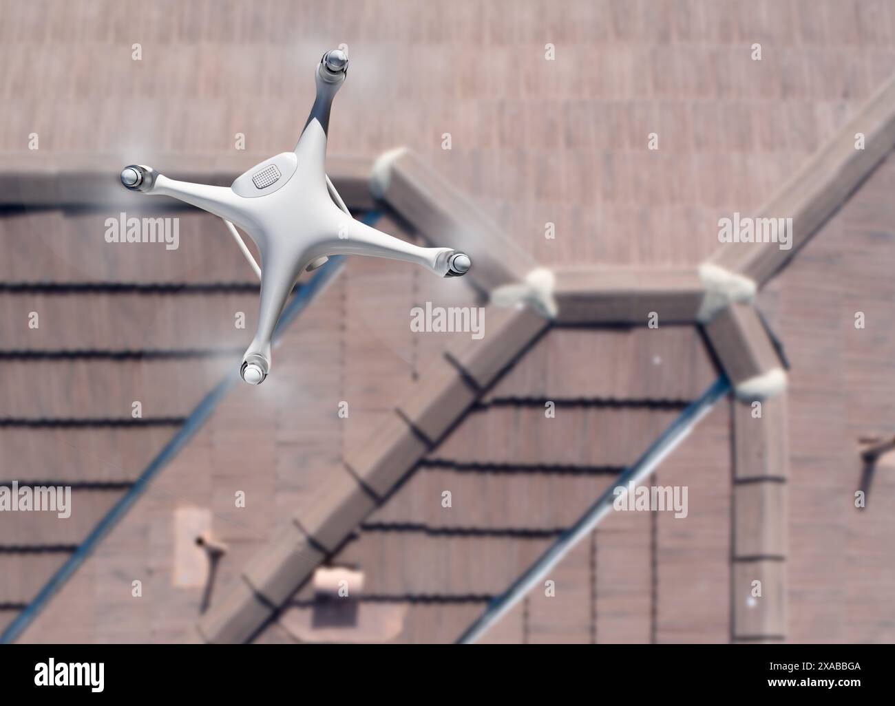 Quadcopter UAV Drone Flying A Residential Roof Inspection Stock Photo ...