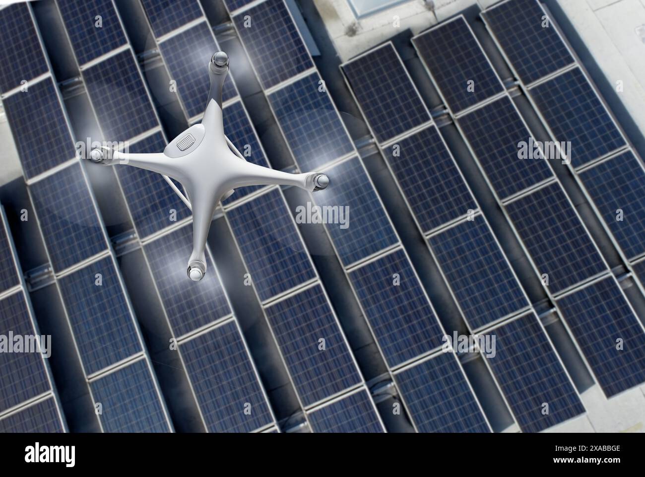 Quadcopter UAV Drone Flying A Solar Panel Roof Inspection Stock Photo ...