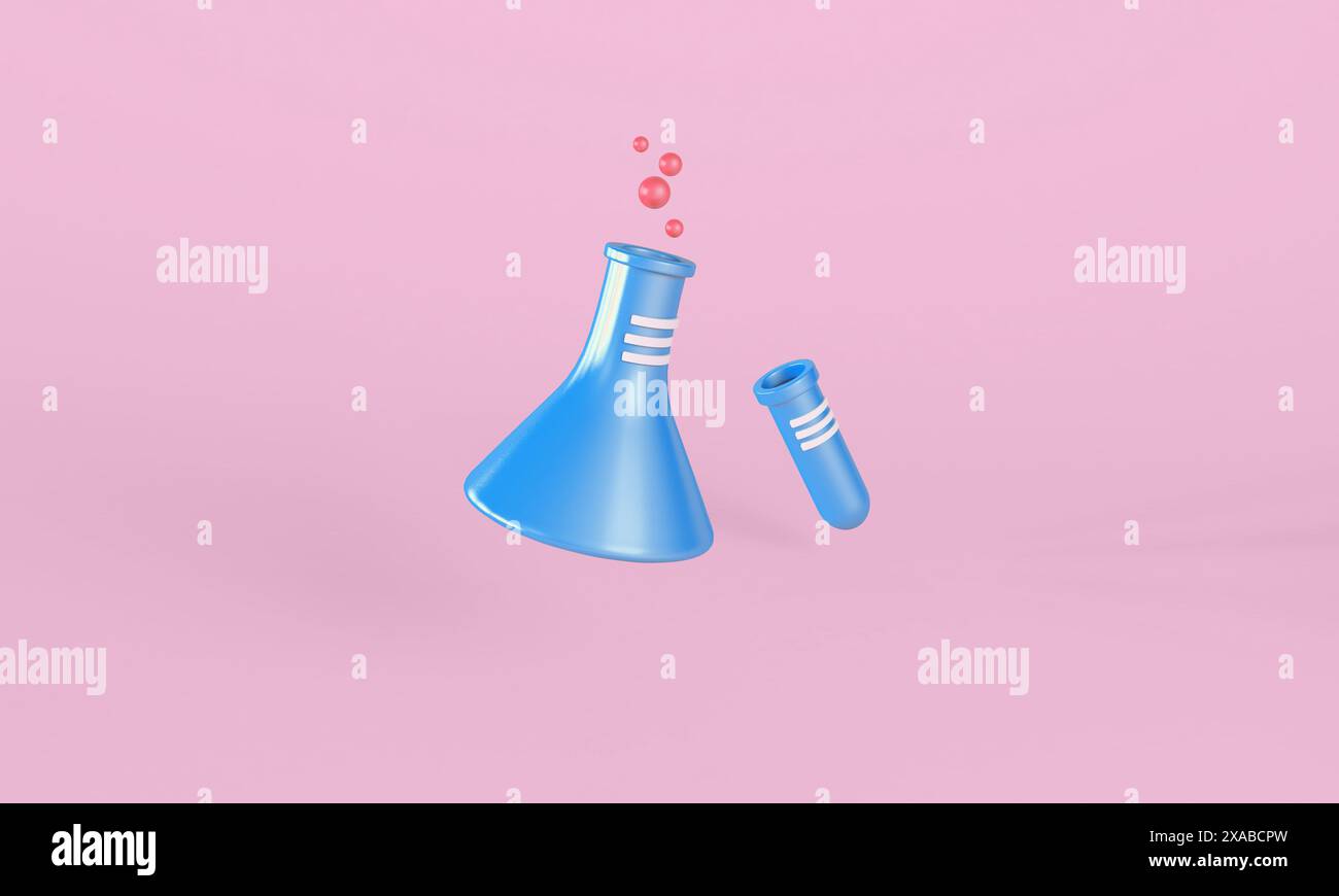 3D illustration of blue laboratory flasks with bubbles rising, set ...