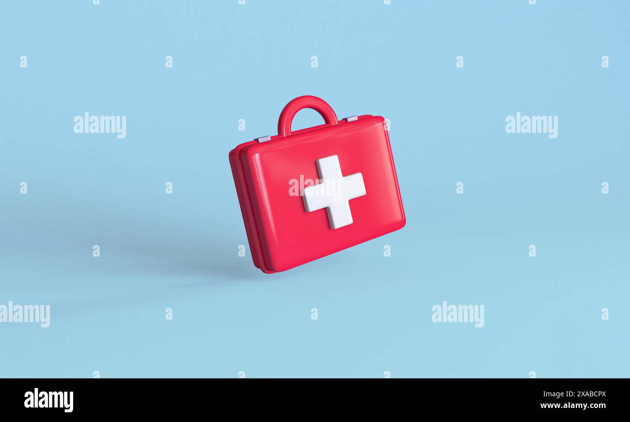 3D illustration of a red first aid kit featuring a white cross, set ...