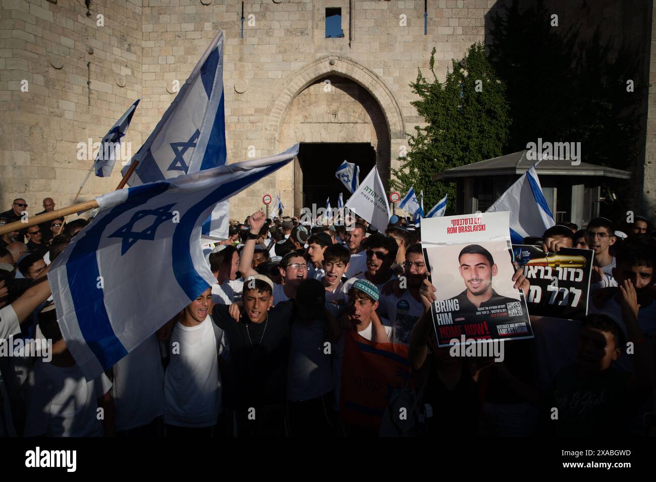 Jerusalem. 5th June, 2024. People take part in a flag march to mark ...