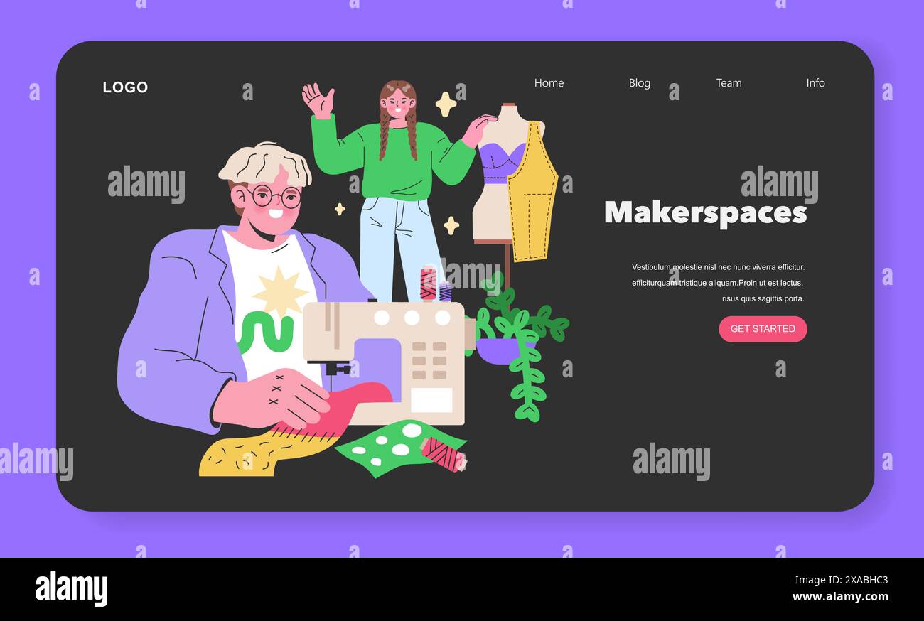 Maker Culture concept A sewing enthusiast and a designer in a makerspace, collaborating in a ...