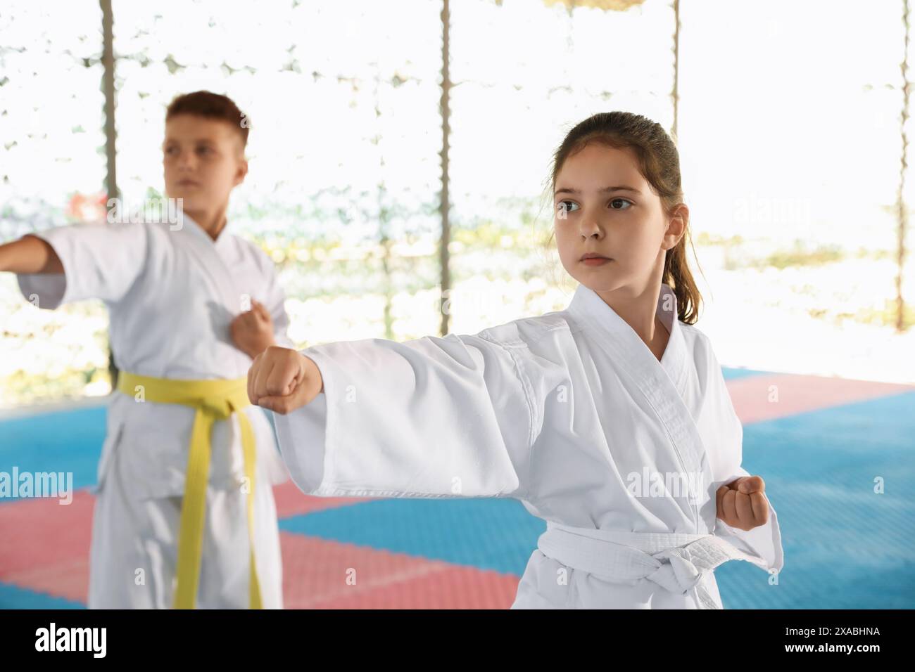 Children in kimono practicing karate on tatami outdoors Stock Photo - Alamy