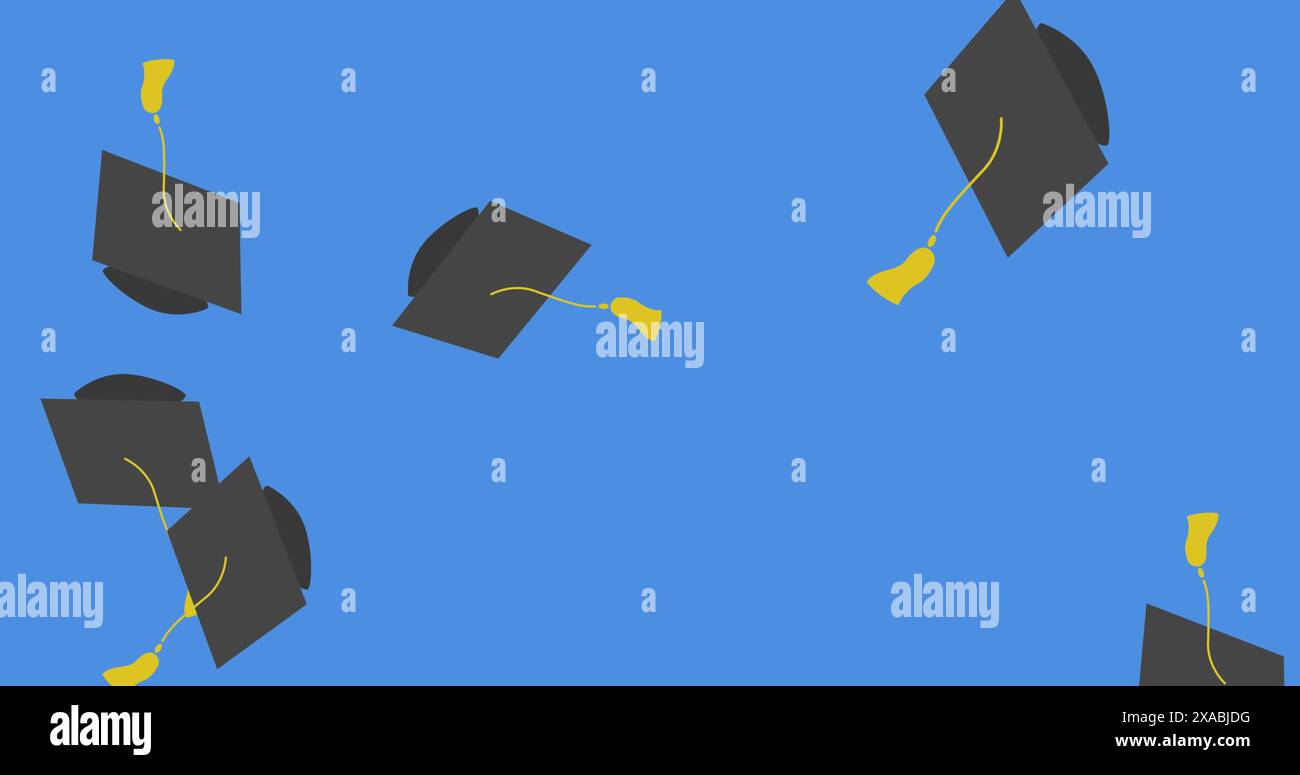 Image of graduation caps over blue background Stock Photo - Alamy