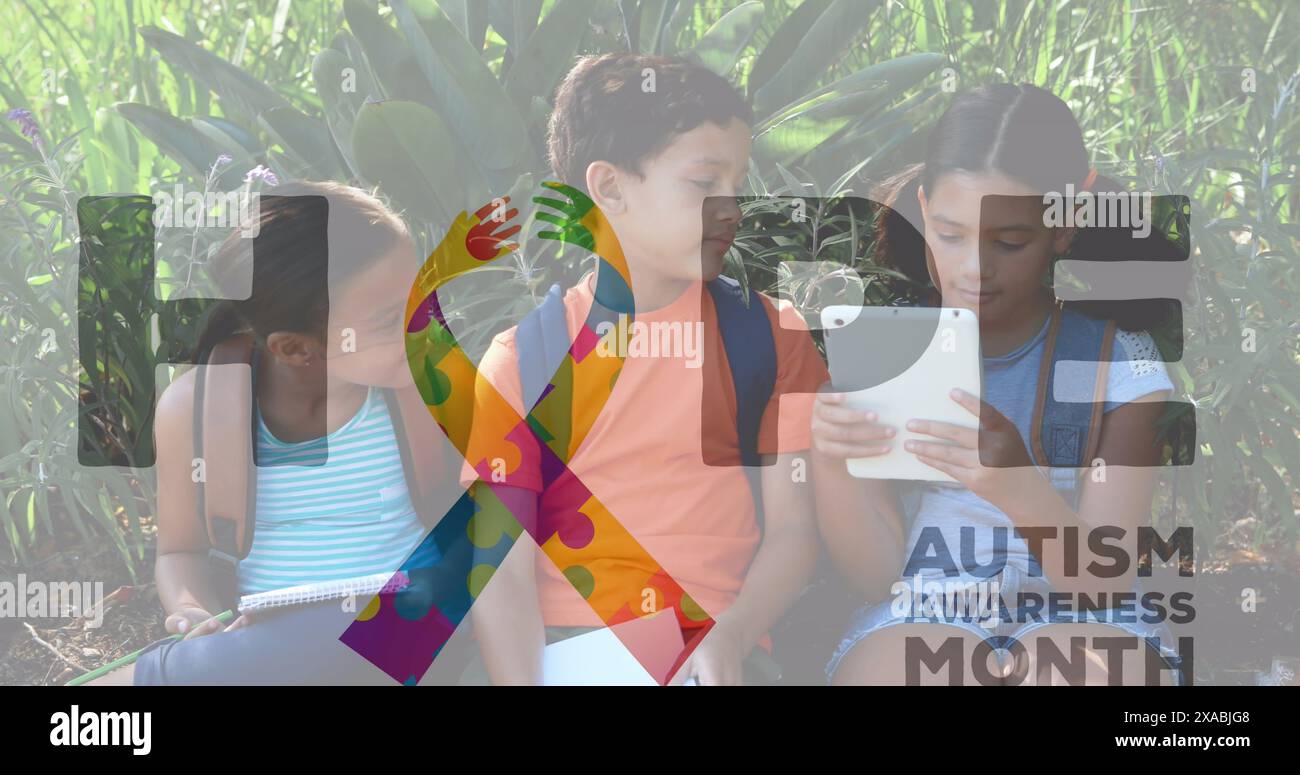 Image of colourful puzzle pieces and autism text over kids friends ...