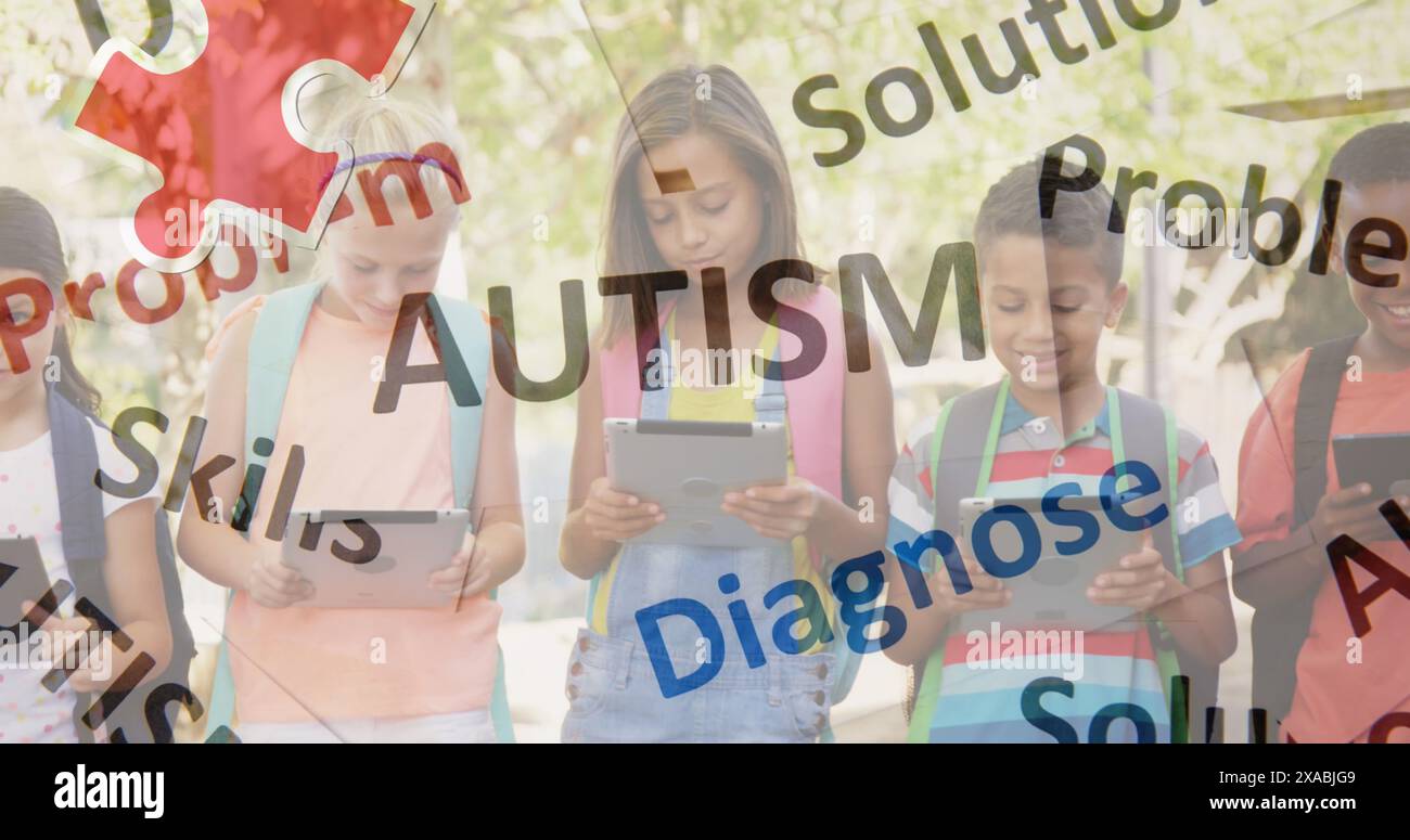 Image of autism text over kids friends using electronic devices Stock ...