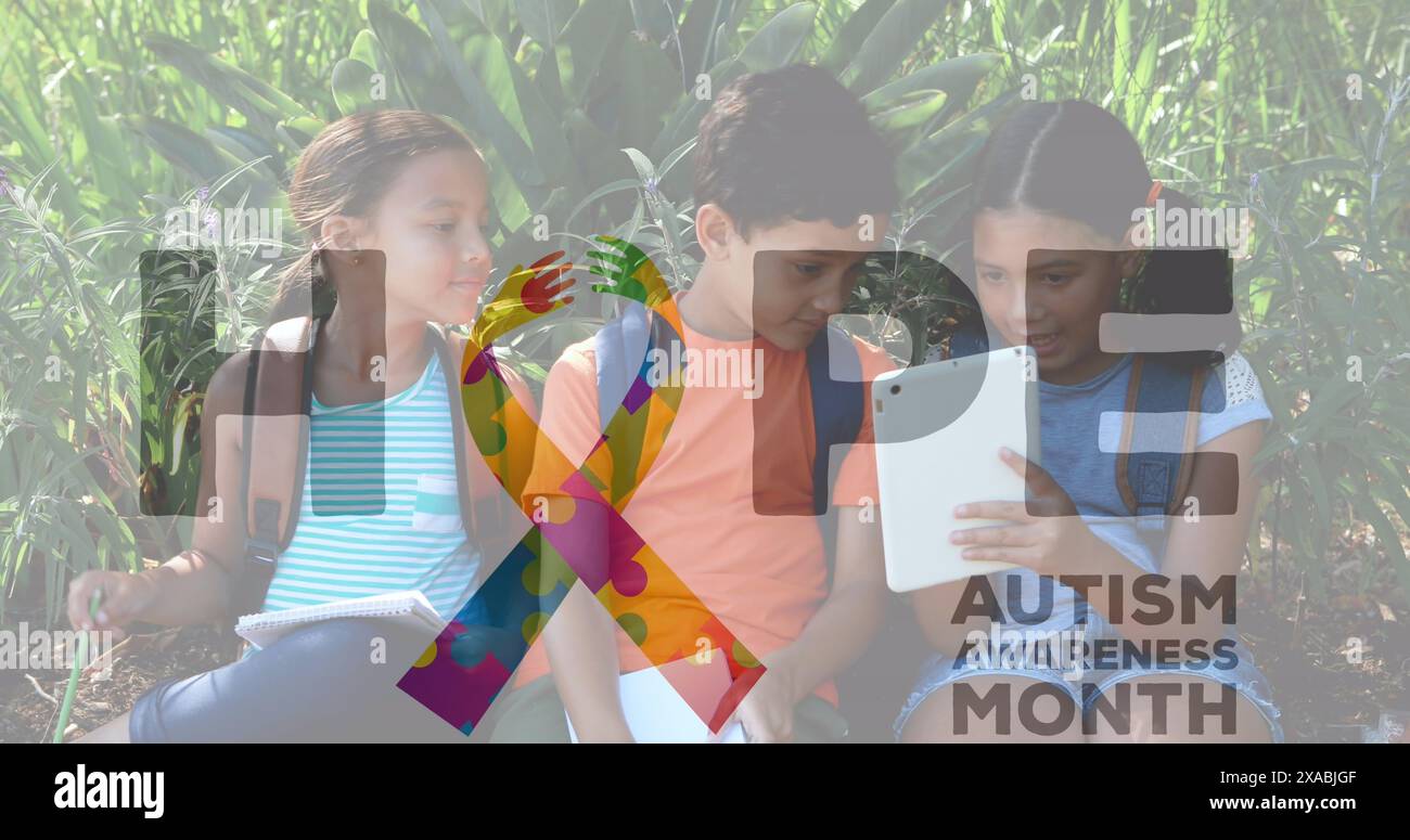 Image of colourful puzzle pieces and autism text over kids friends ...