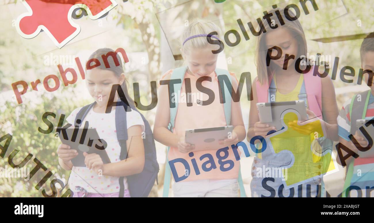 Image of autism text over kids friends using electronic devices Stock ...