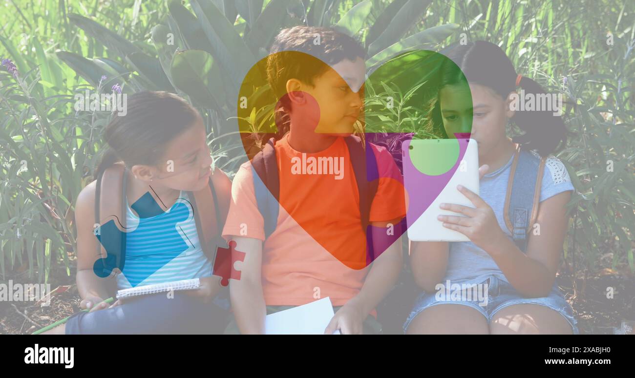 Image of colourful puzzle pieces and heart over kids friends using ...