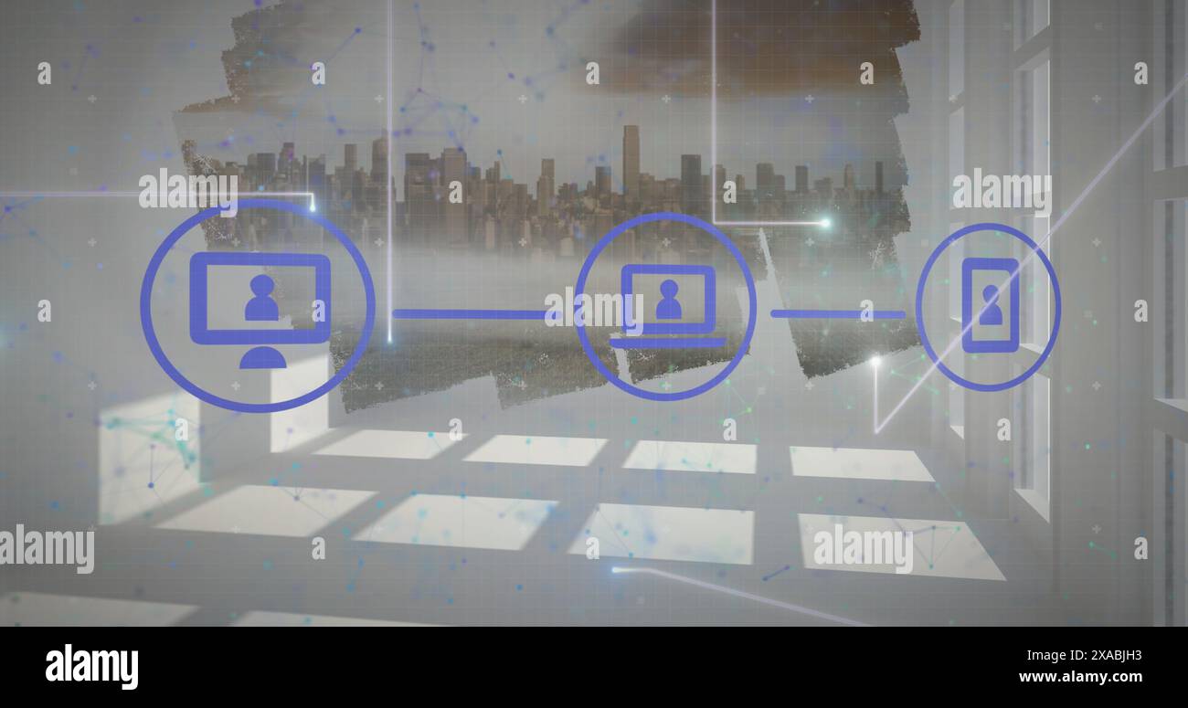 Image of network of connections with media icons over cityscape Stock ...