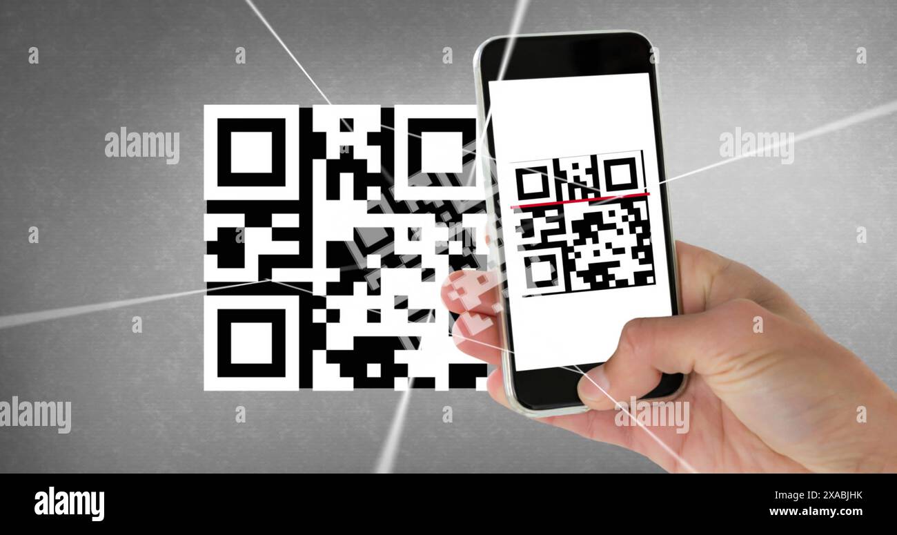 Image of qr code and qr code scanning on smartphone, over grey ...