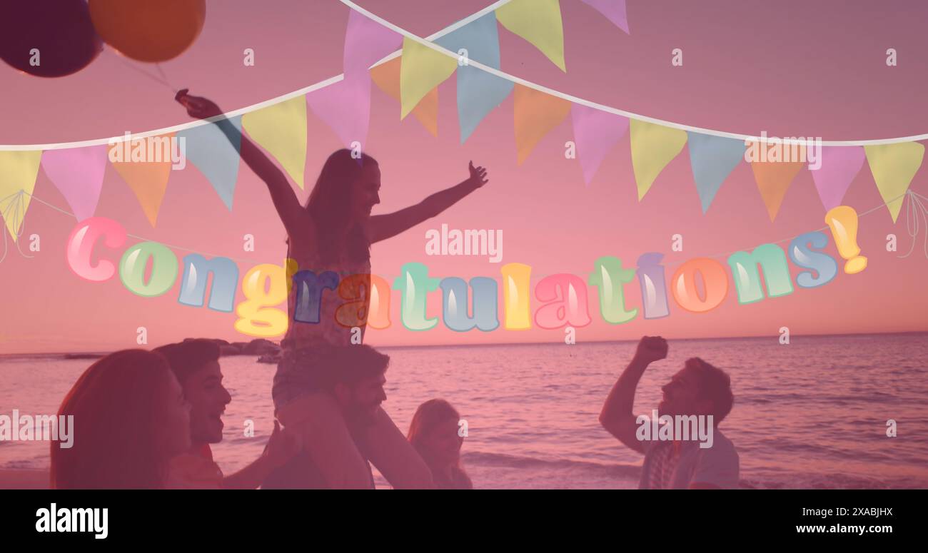 Image of congratulation text and bunting over friends having fun at ...