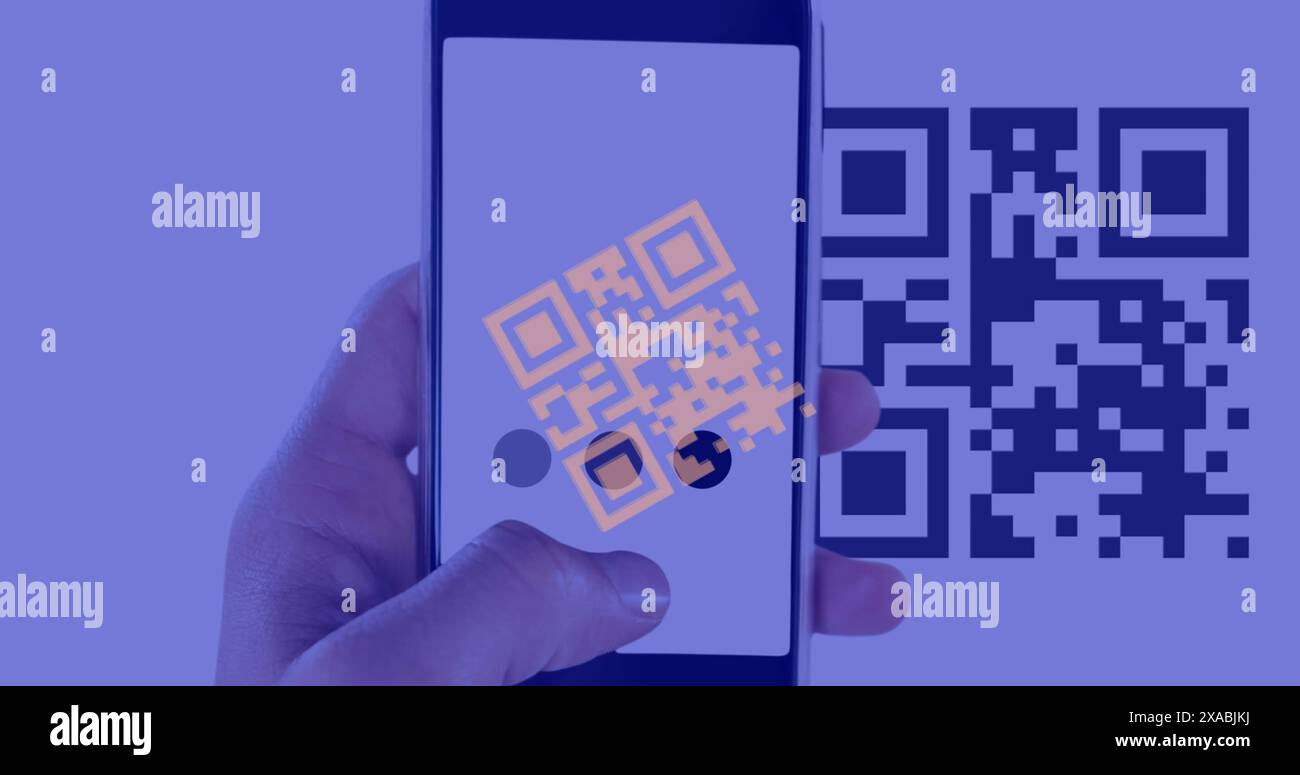 Image of qr code and qr code scanning on smartphone, over purple ...