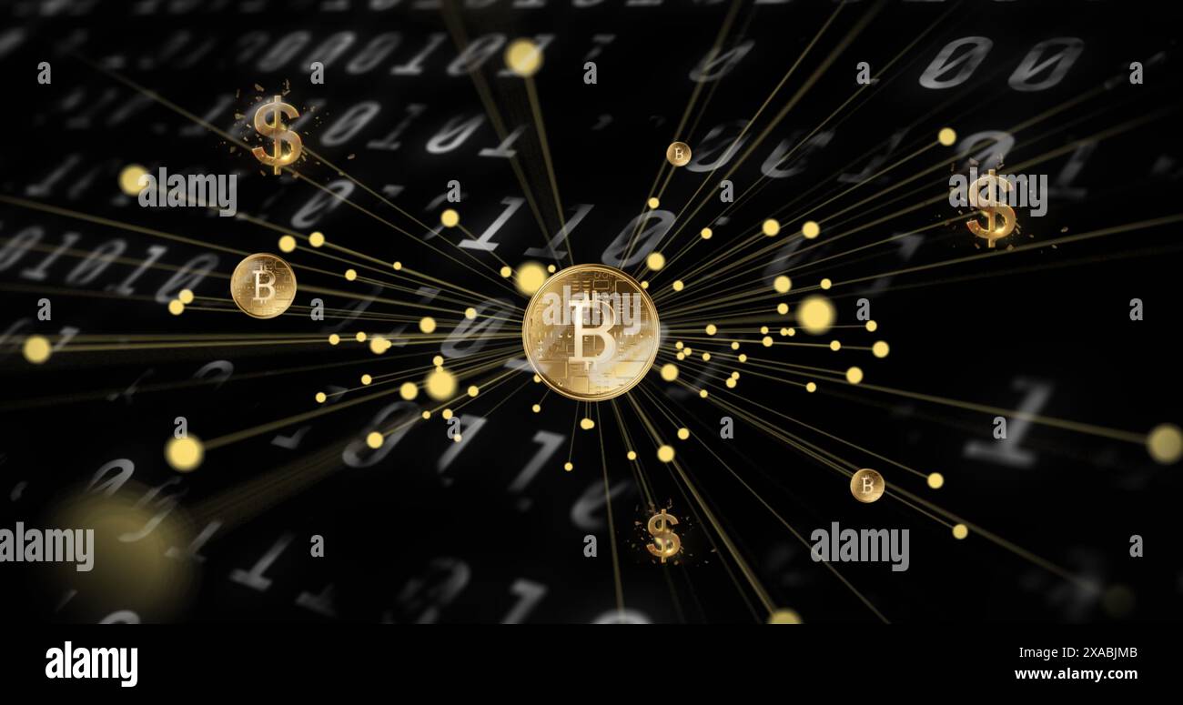 Image of dolar and bitcoin sing over binary coding. global business, finances, digital interface ...