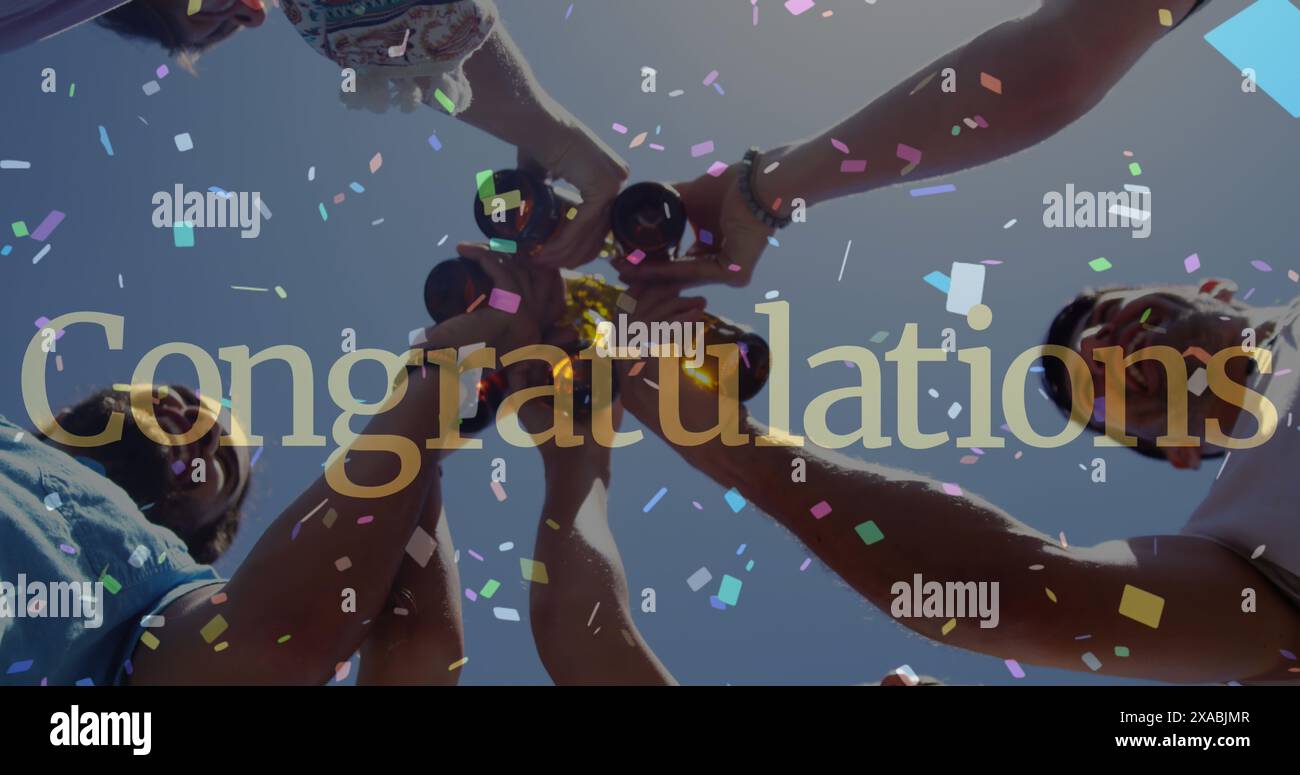 Image of congratulation text and confetti over friends having fun ...