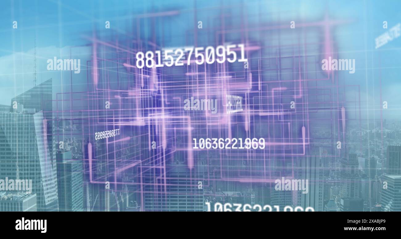 Image of numbers changing and data processing over cityscape Stock ...