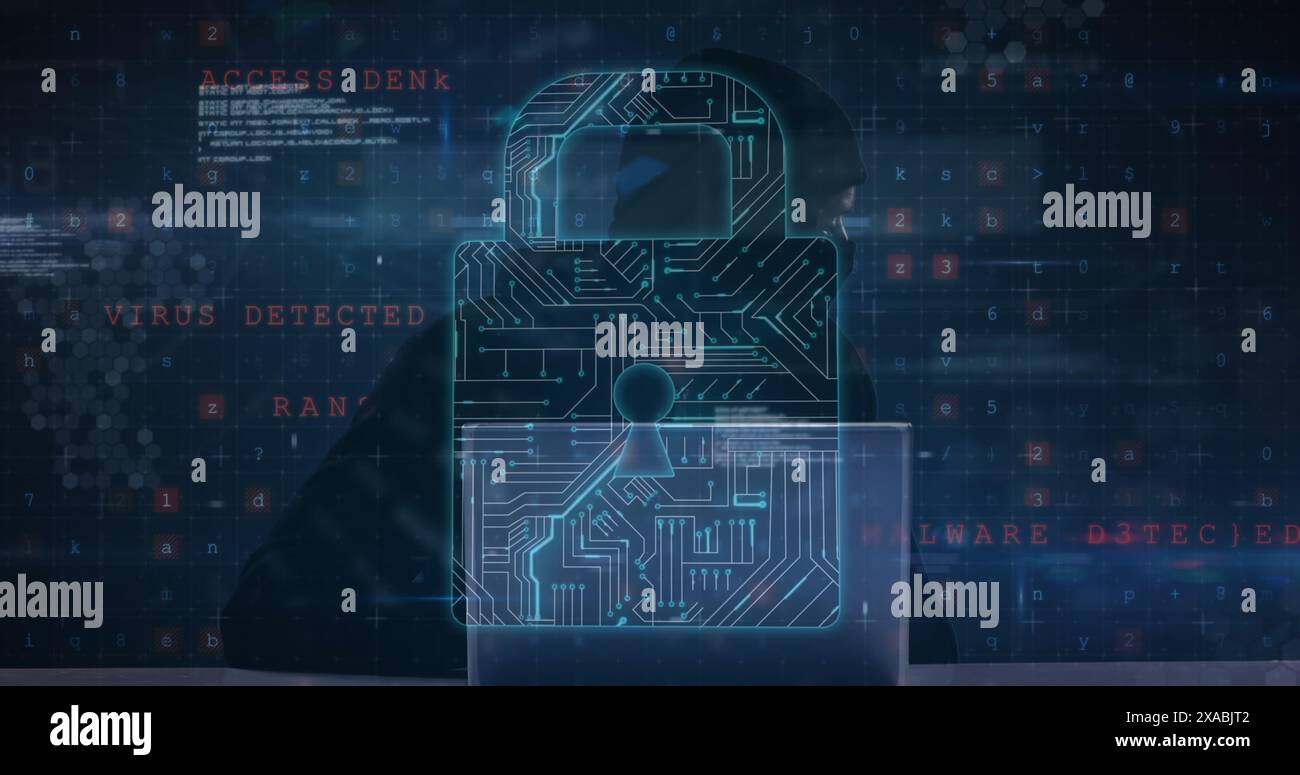 Image of multiple computer screens, online security padlock over hacker using computer Stock ...