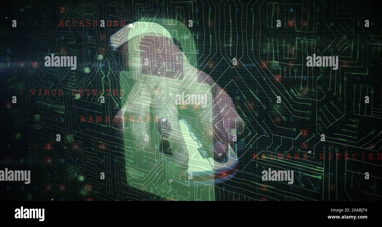 Image of cyber padlock and numbers over hand using mouse Stock Photo ...