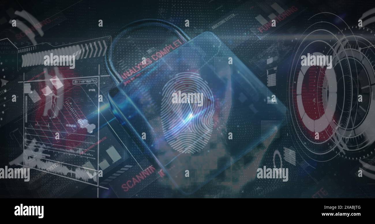 Image of charts, processor and online security padlock on dark ...