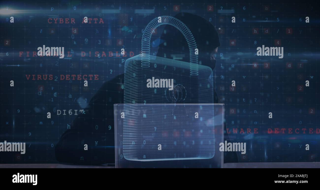 Image of changing numbers, letters and padlock over hacker using computer. global internet ...