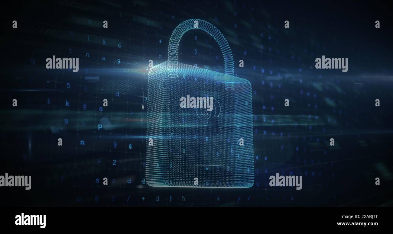 Image of changing numbers and letters over online security padlock Stock Photo - Alamy