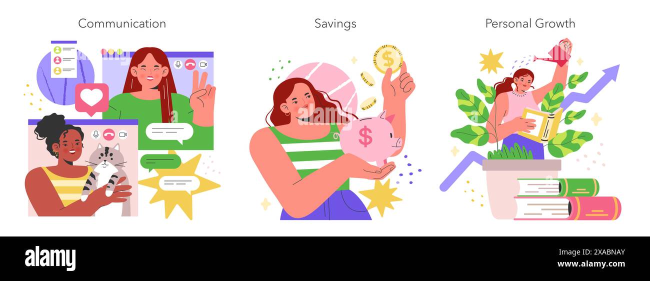 Life improvement concept set. Communication with digital connections ...