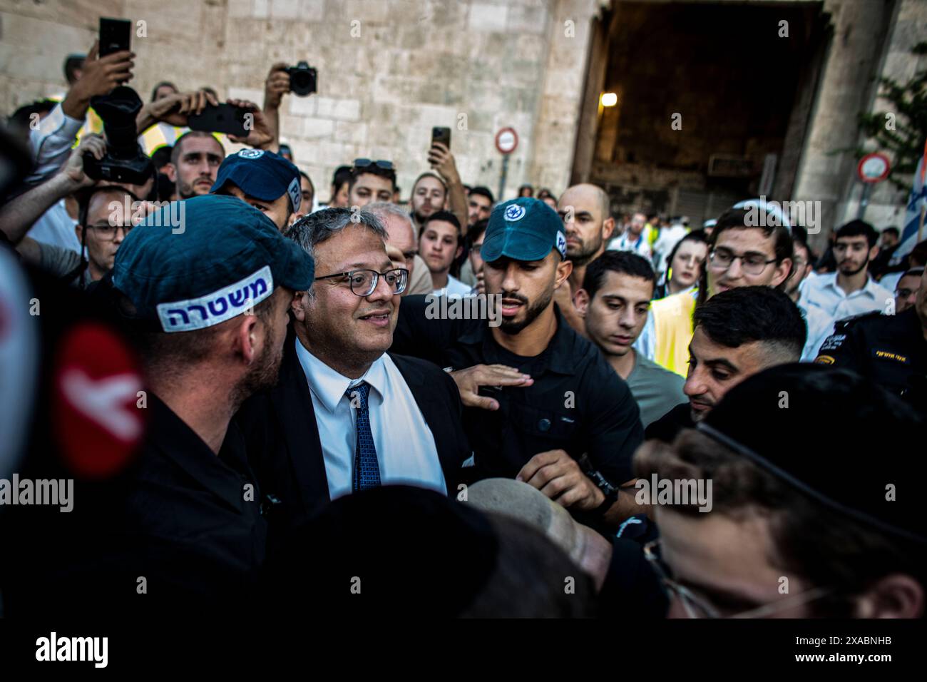 Israeli Minister of National Security, Itamar Ben Gvir, surrounded by Security officers, looks ...