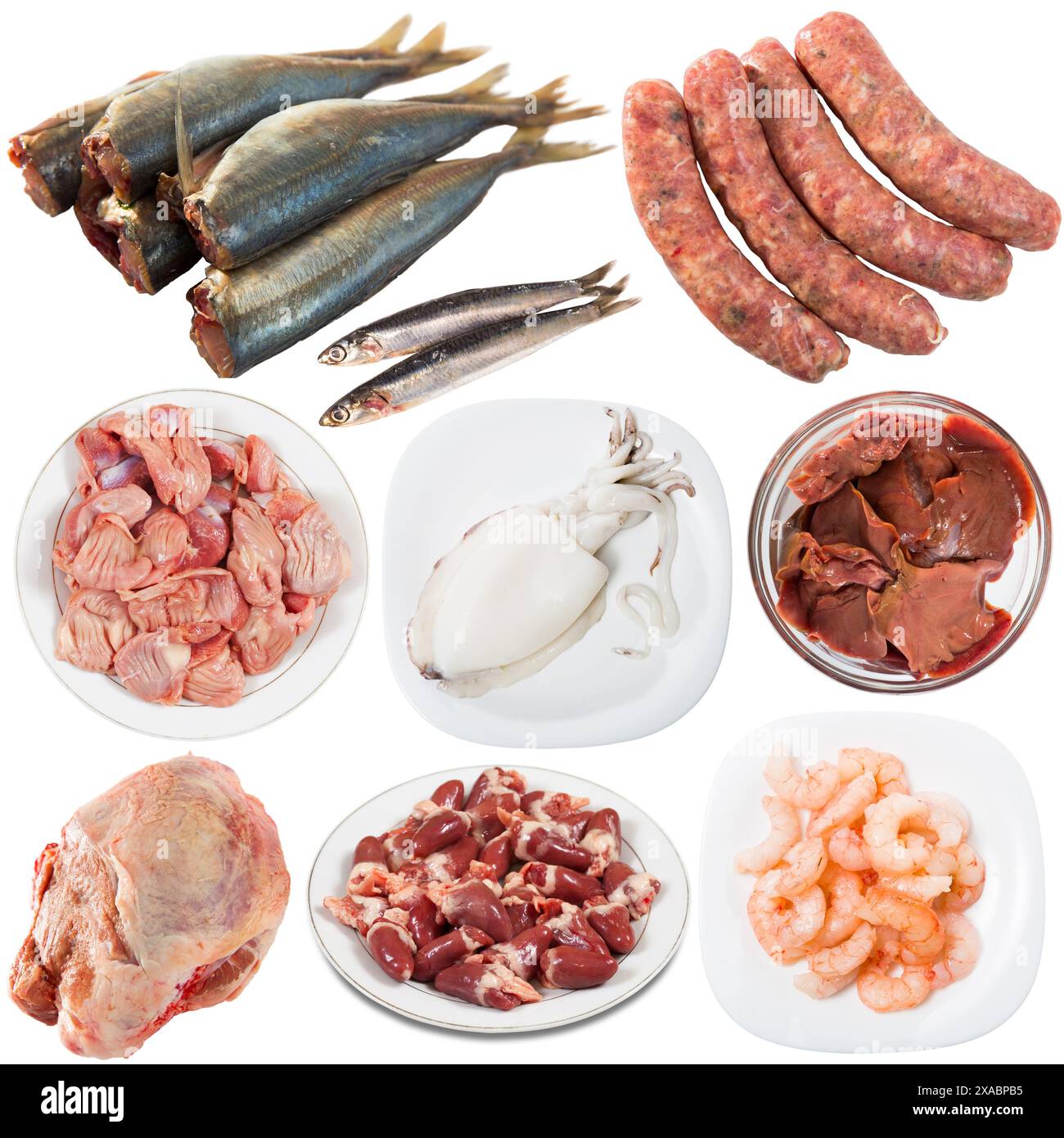 Raw meat, poultry fish isolated on white background, nobody Stock Photo ...