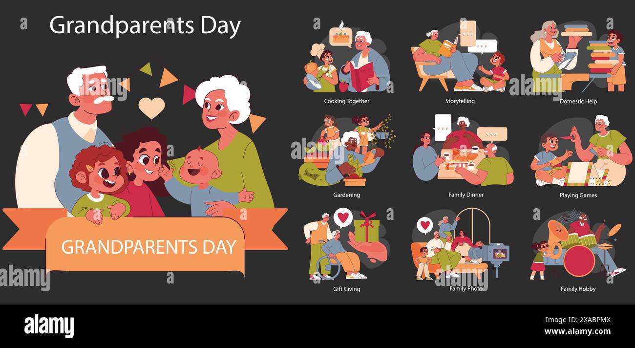 Grandparents Day set. Joyful activities like cooking, storytelling, and ...