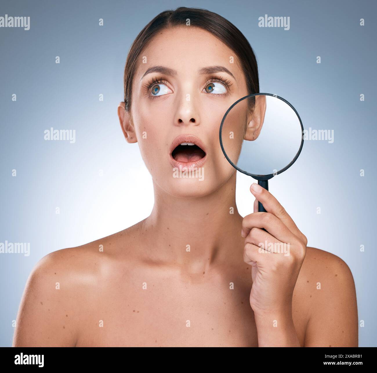 Woman, shock and magnify glass for skincare or beauty, botox and anti ...