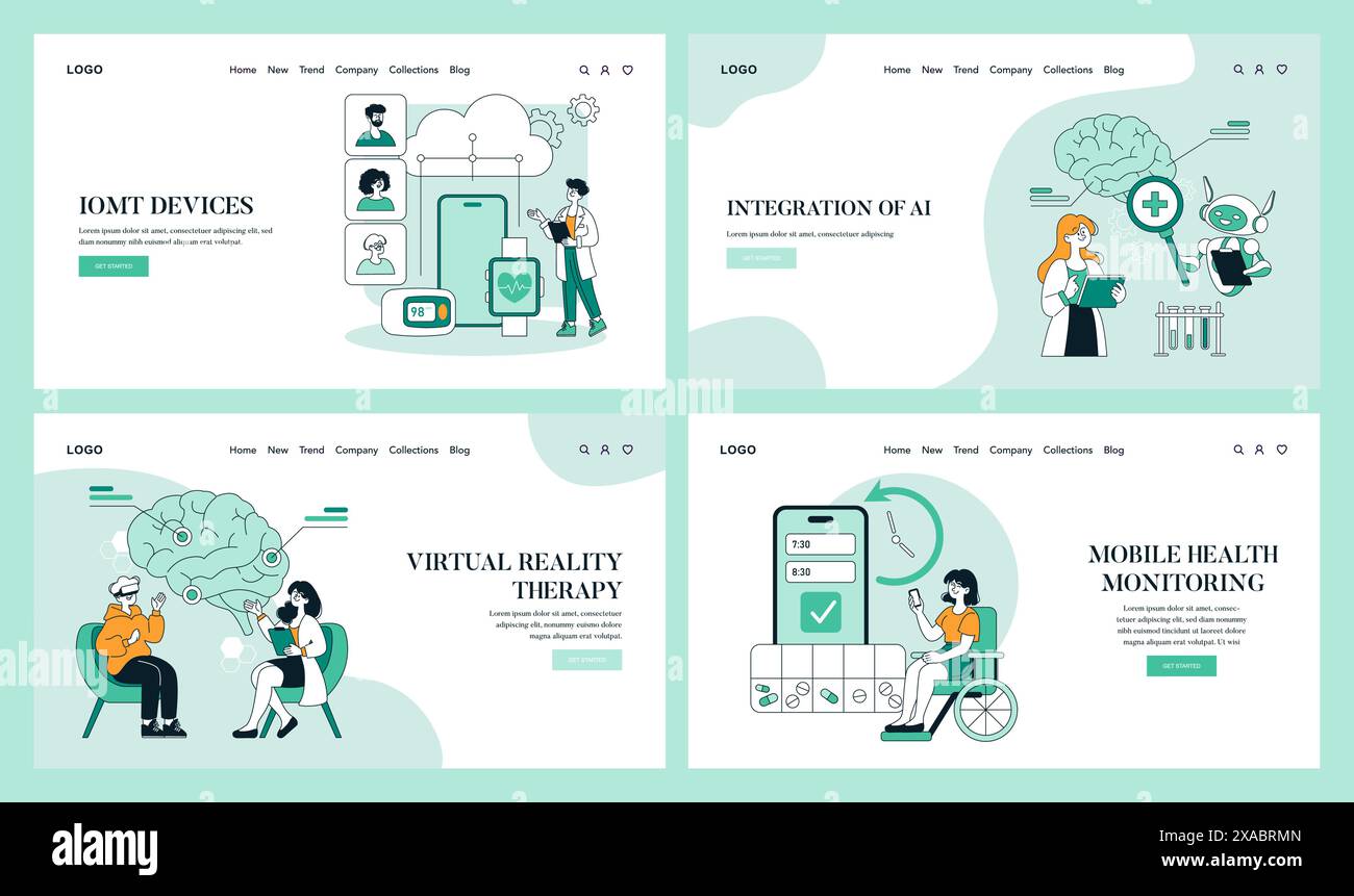 Digital Health Innovations set. Depicting IoMT devices, AI integration, virtual reality therapy ...