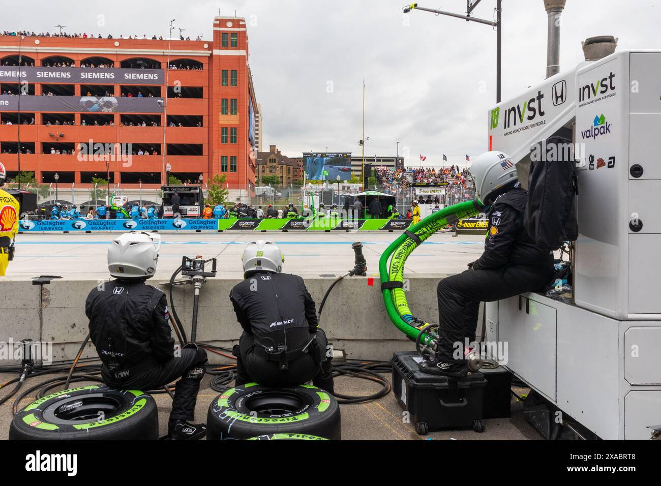 June 2nd 2024: Dale Coyne Racing pit crew members watch the Chevrolet ... June 2nd 2024: Dale Coyne Racing pit crew members watch the Chevrolet ...