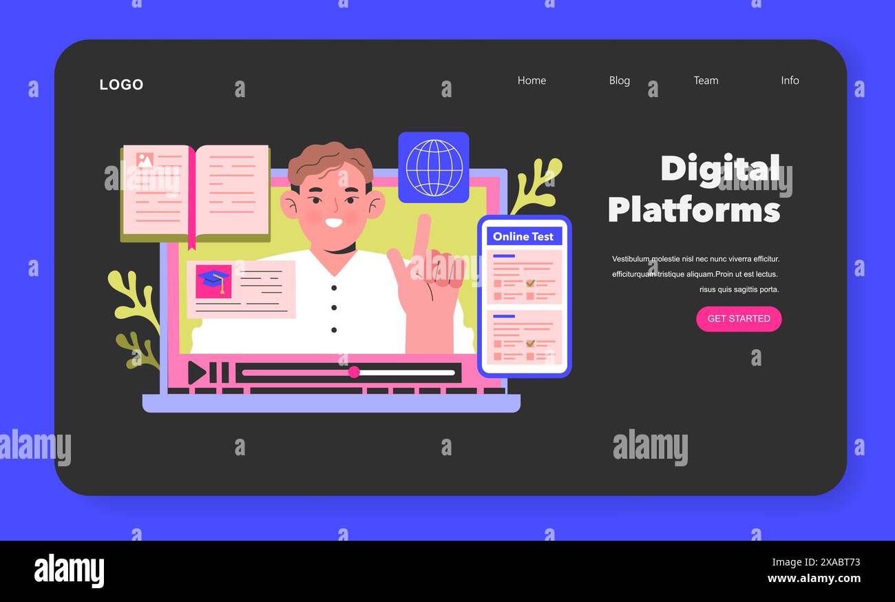 Digital Platforms concept An instructor points to educational icons on a computer screen ...