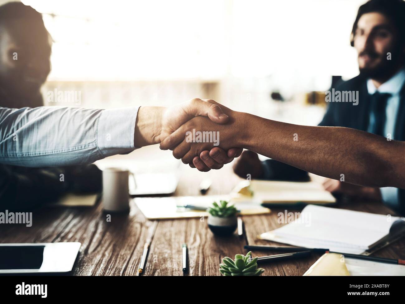 Business people, teamwork and handshake in meeting, greeting and ...