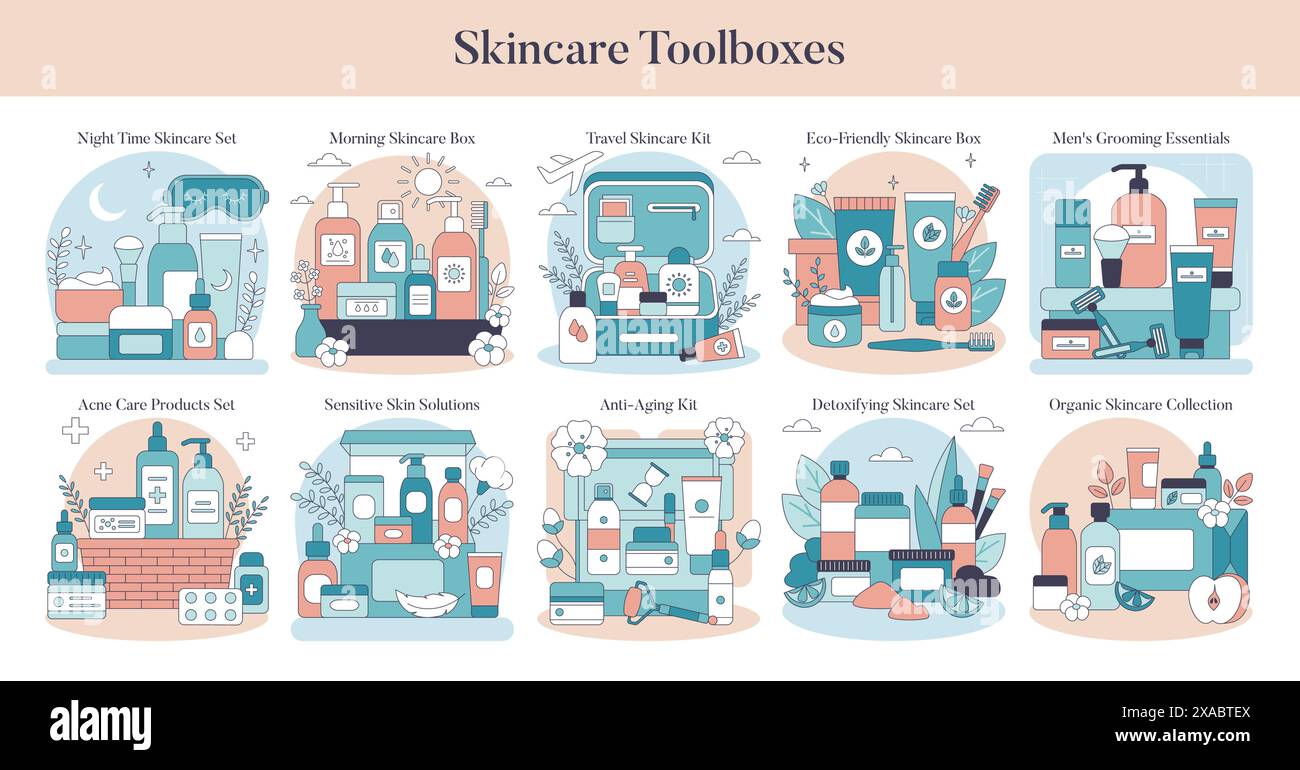 Skincare Toolboxes set. A variety of skincare essentials for different ...