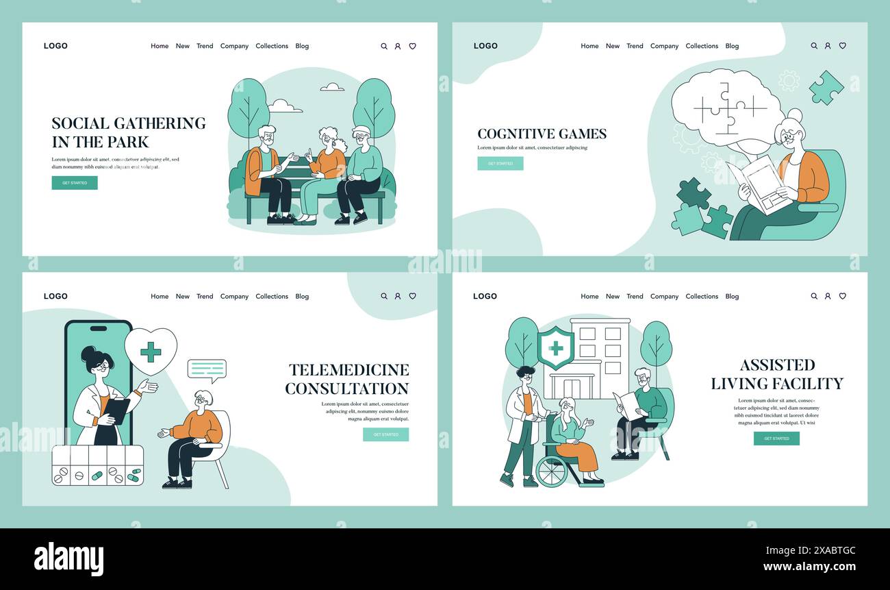 Boomer health set. Elderly engaging in social, mental, and medical ...