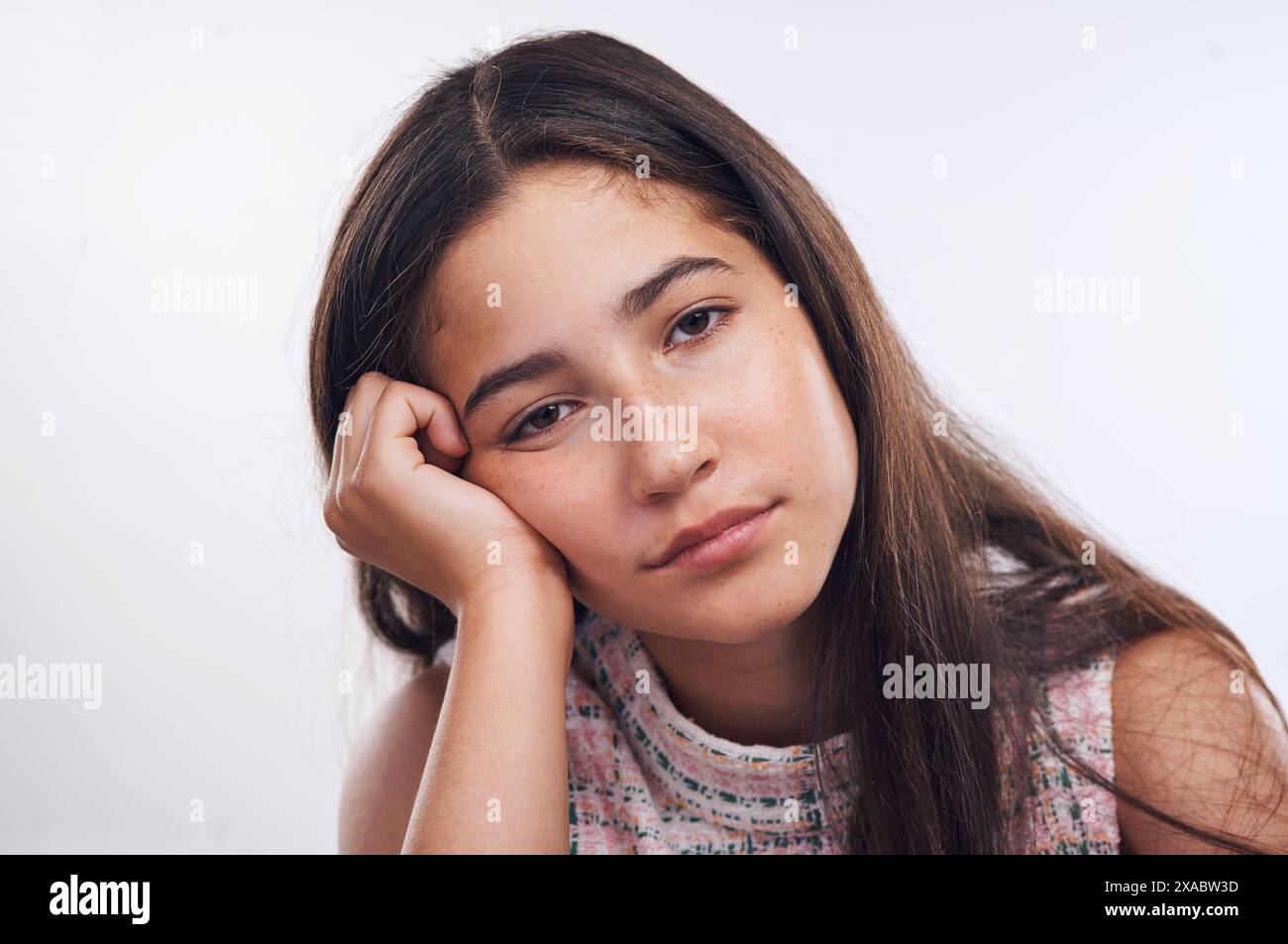 Studio portrait, teenager girl and bored or tired for fatigue and lazy ...