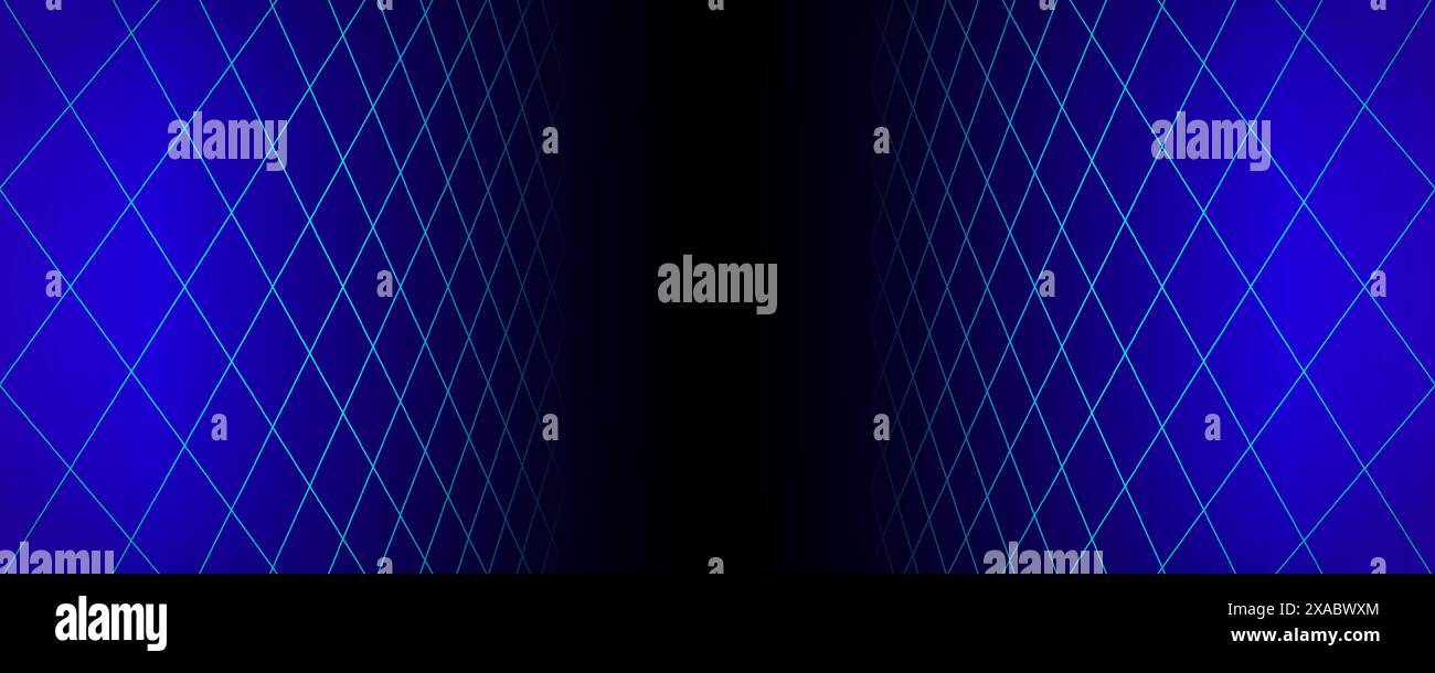 Blue glowing neon wireframe background. Shining vertical grid planes in ...