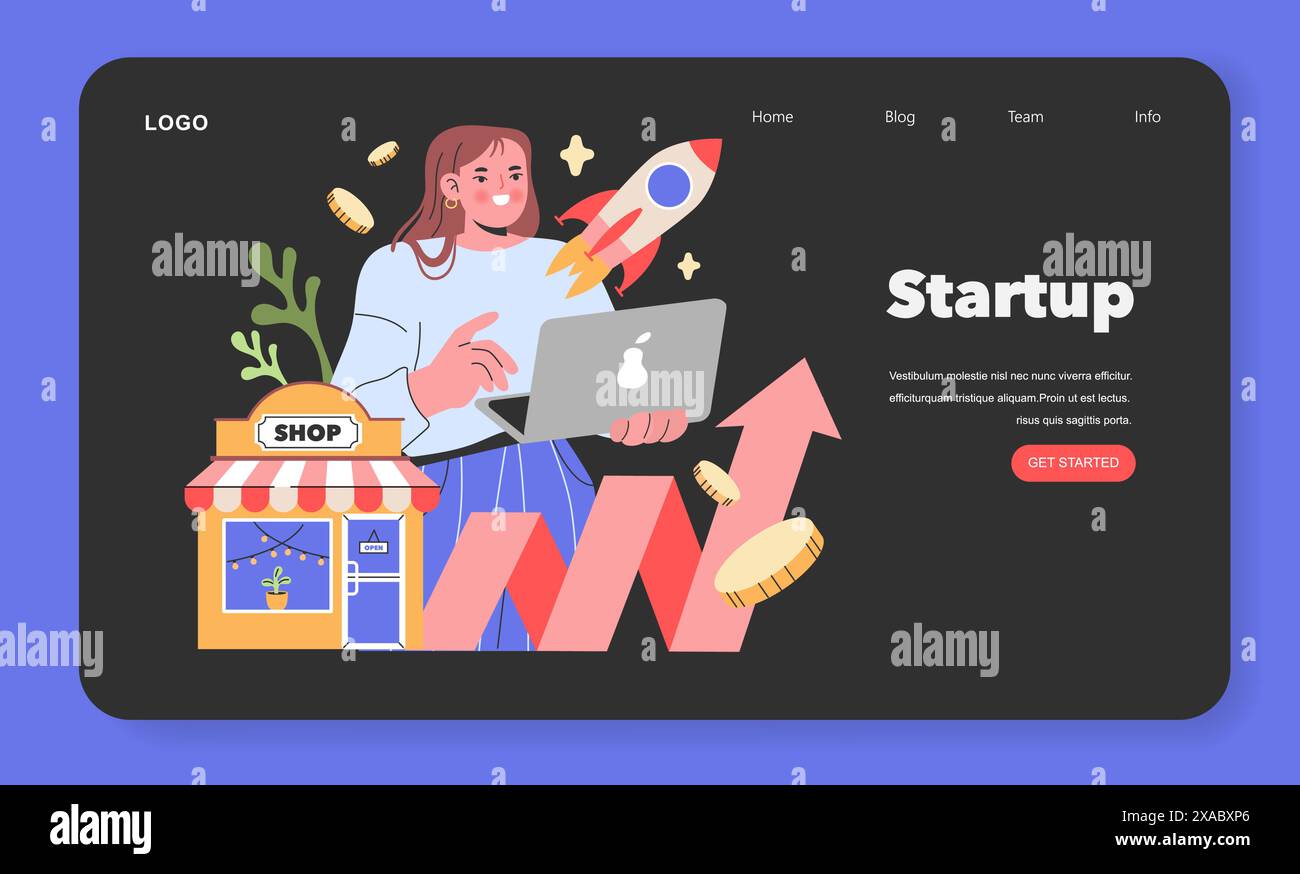 Innovative Startup Launch An entrepreneur with a laptop and rocket ...